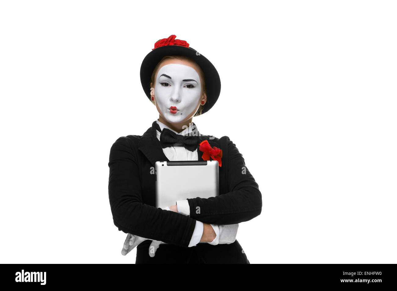 business woman in the image mime holding tablet PC Stock Photo - Alamy