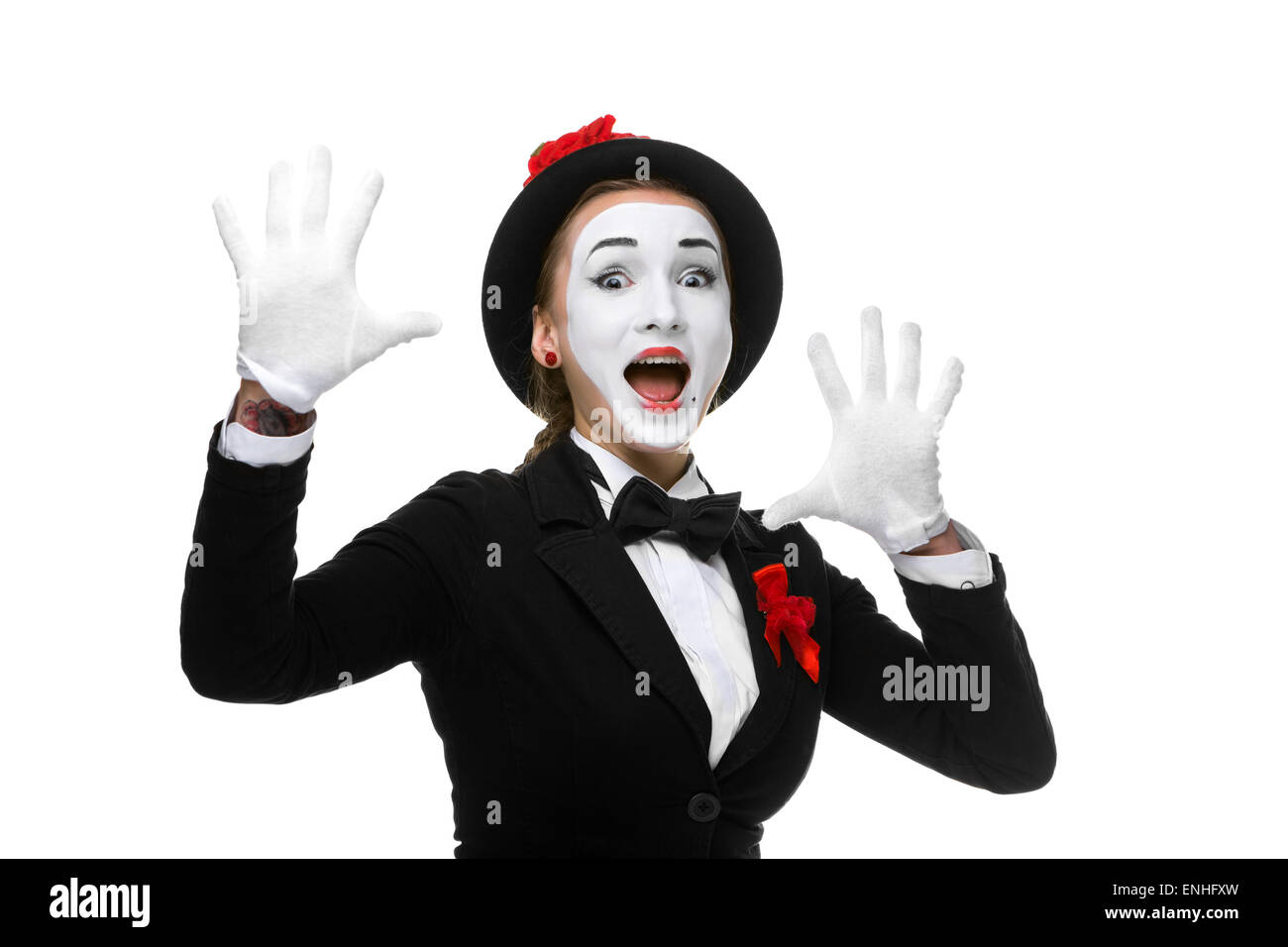 Portrait of the surprised and joyful mime with open mouth Stock Photo ...