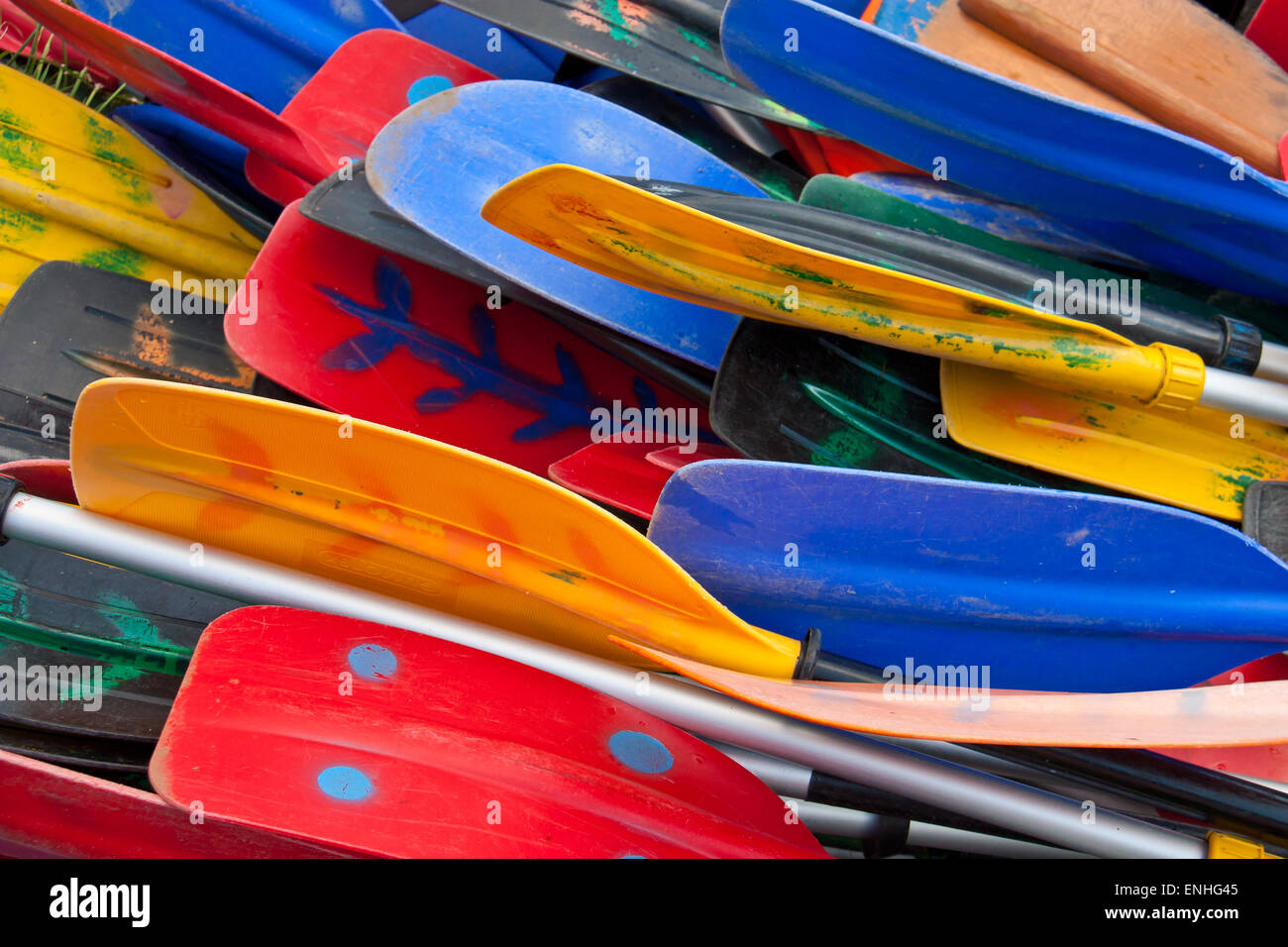 Bunch of plastic colorful oars Stock Photo - Alamy