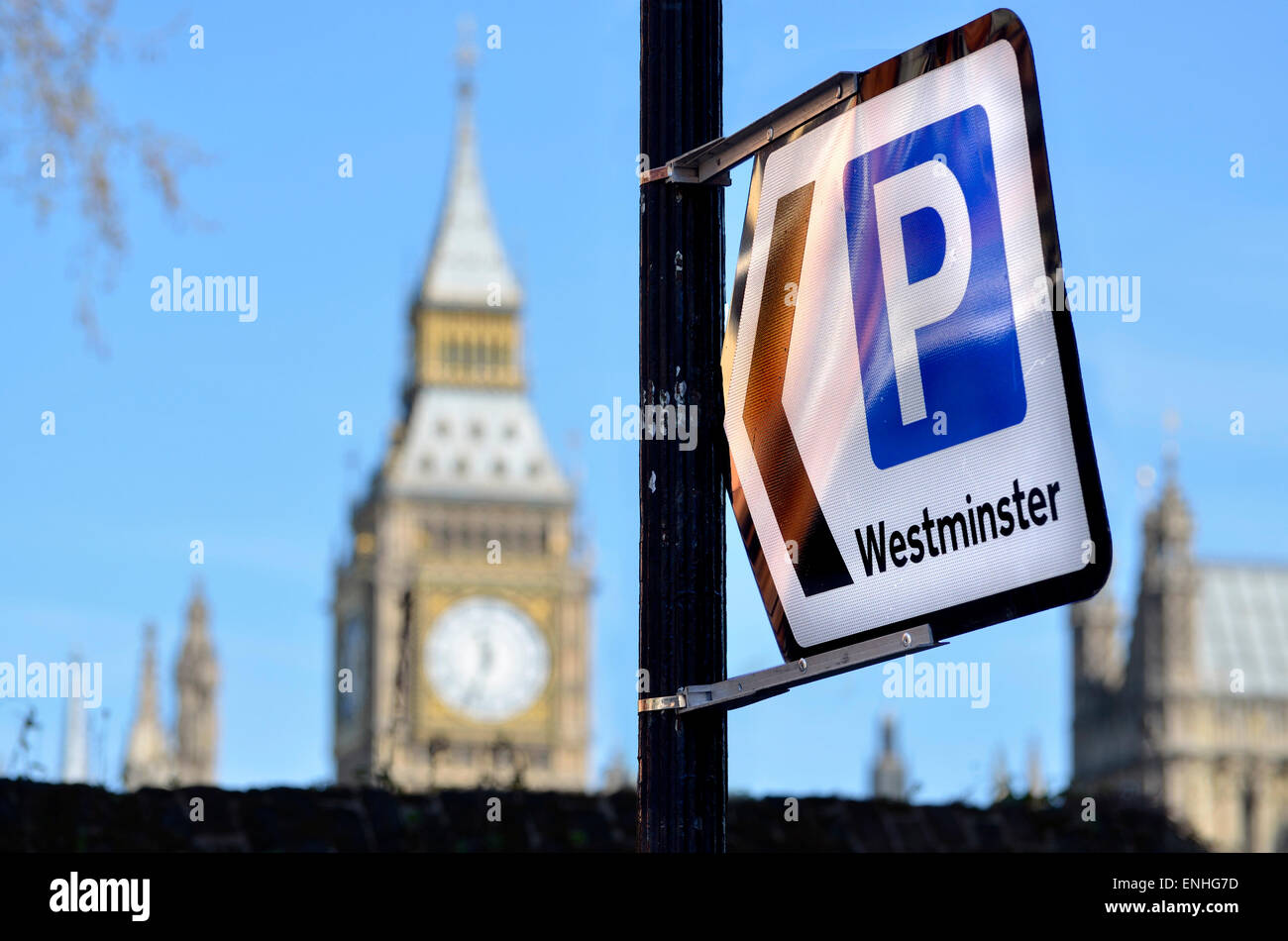 London, England, UK. Sign to a car park in Westminster. Big Ben Stock ...
