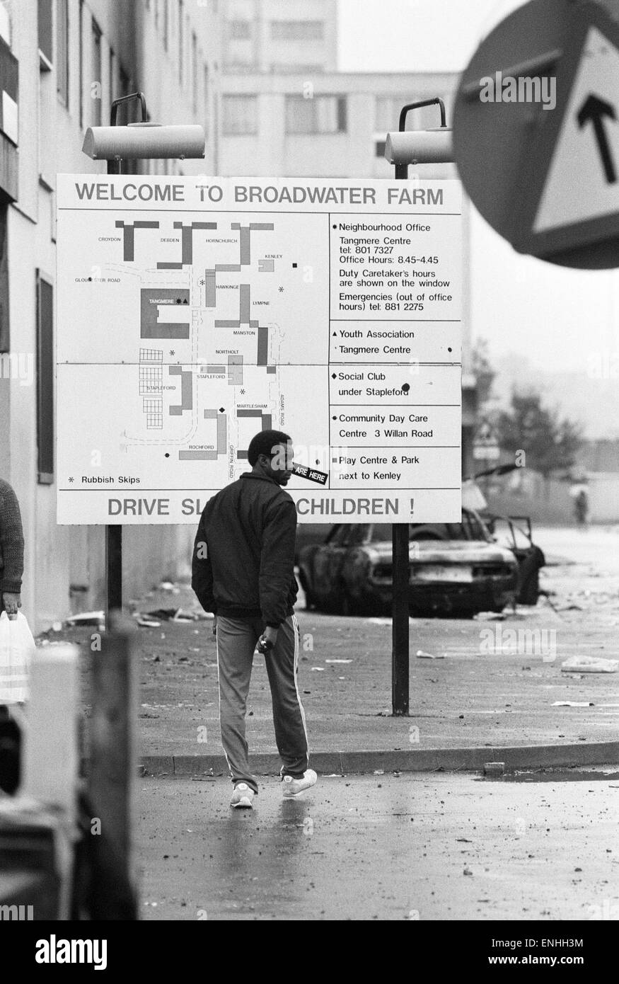 Aftermath of the riots which broke out in the Broadwater Farm estate in ...