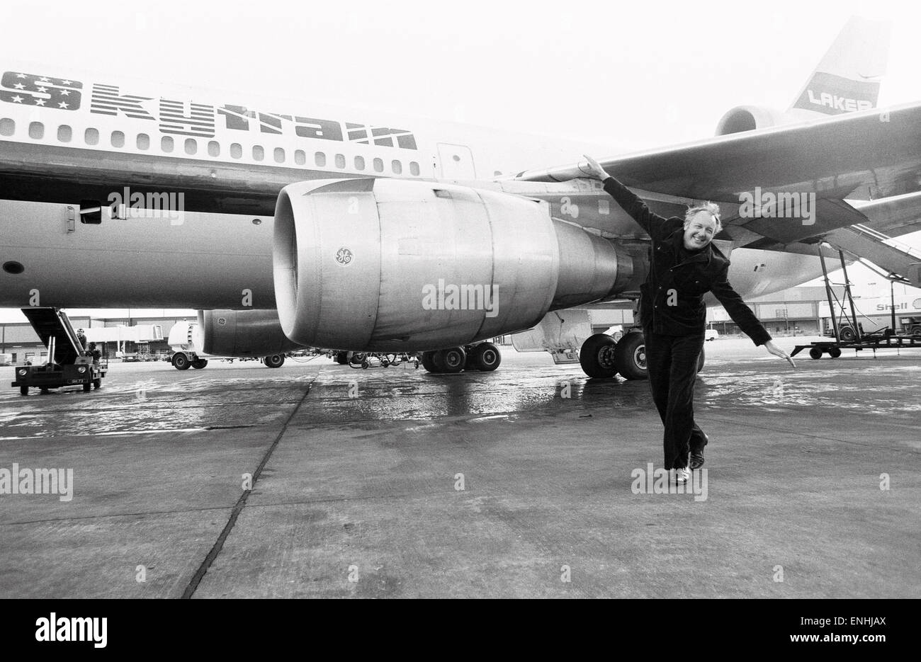 Head of Laker Airways Freddie Laker in jubilant mood on the runway at ...