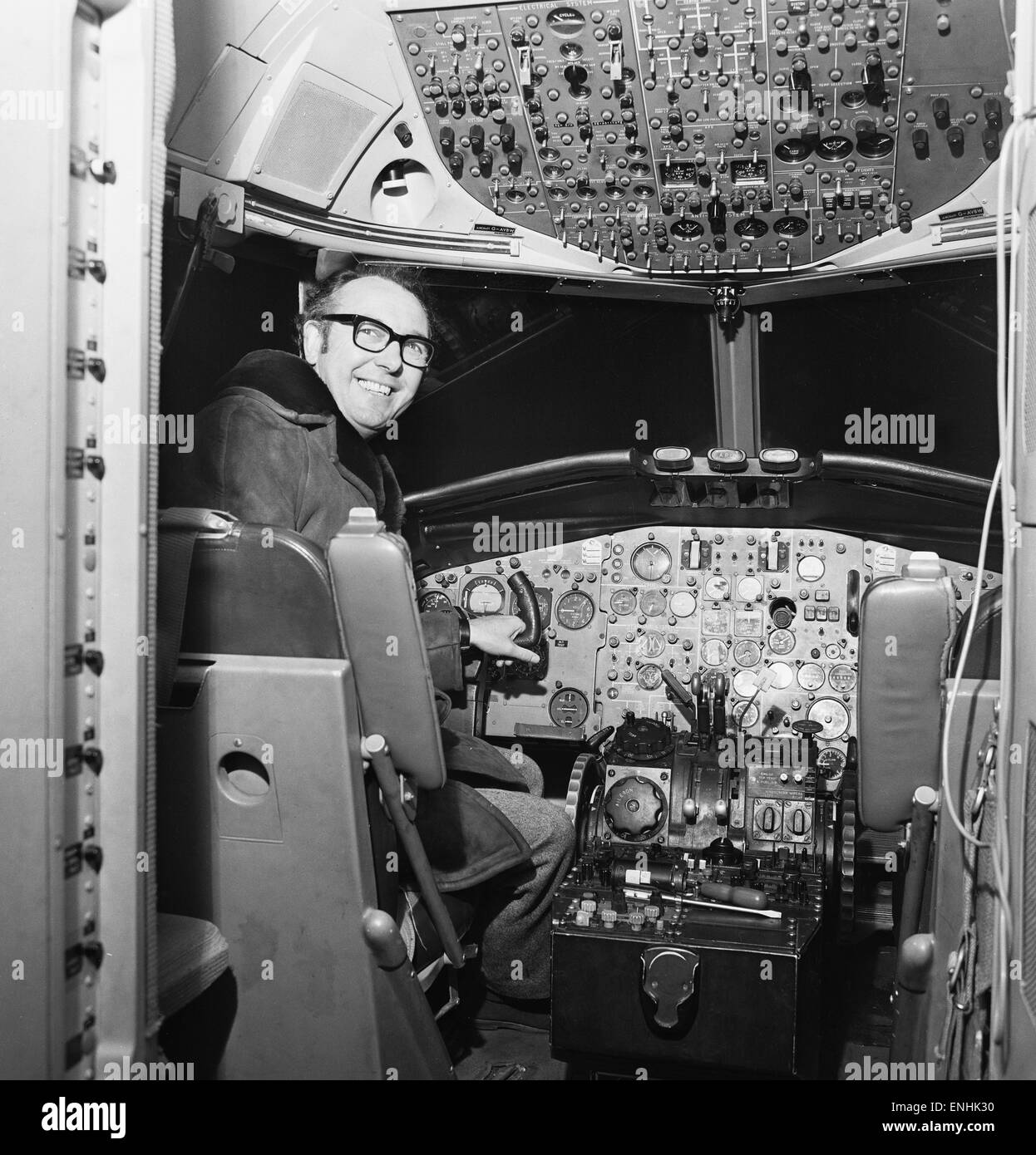 British airline entrepreneur Freddie Laker pictured in the cockpit of ...