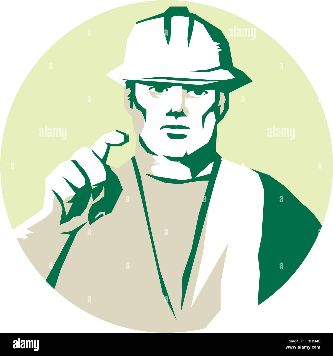 Stencil style illustration of a builder construction worker pointing ...