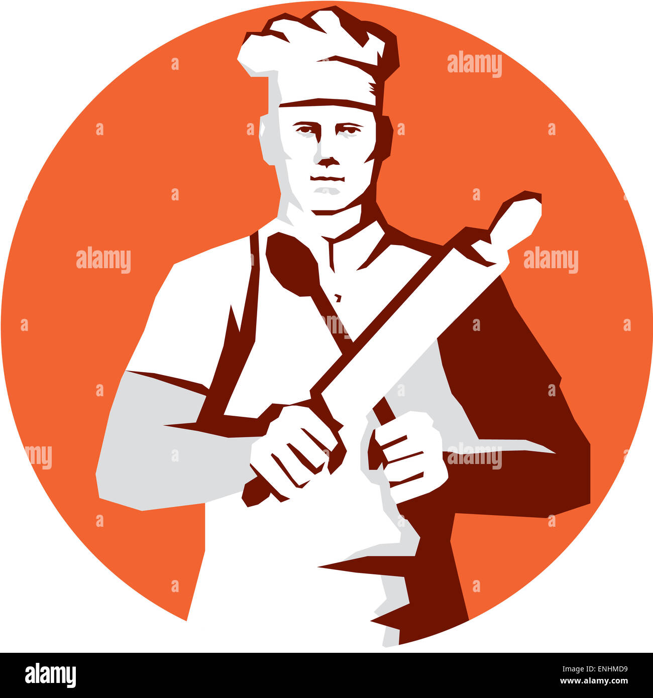 Stencil style illustration of a chef cook baker holding rolling pin and ...