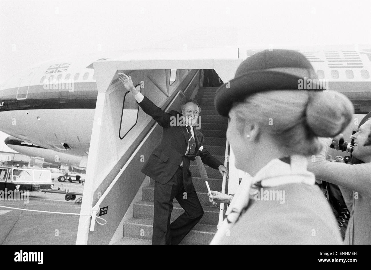 Head of Laker Airways Freddie Laker in jubilant mood at Gatwick airport ...