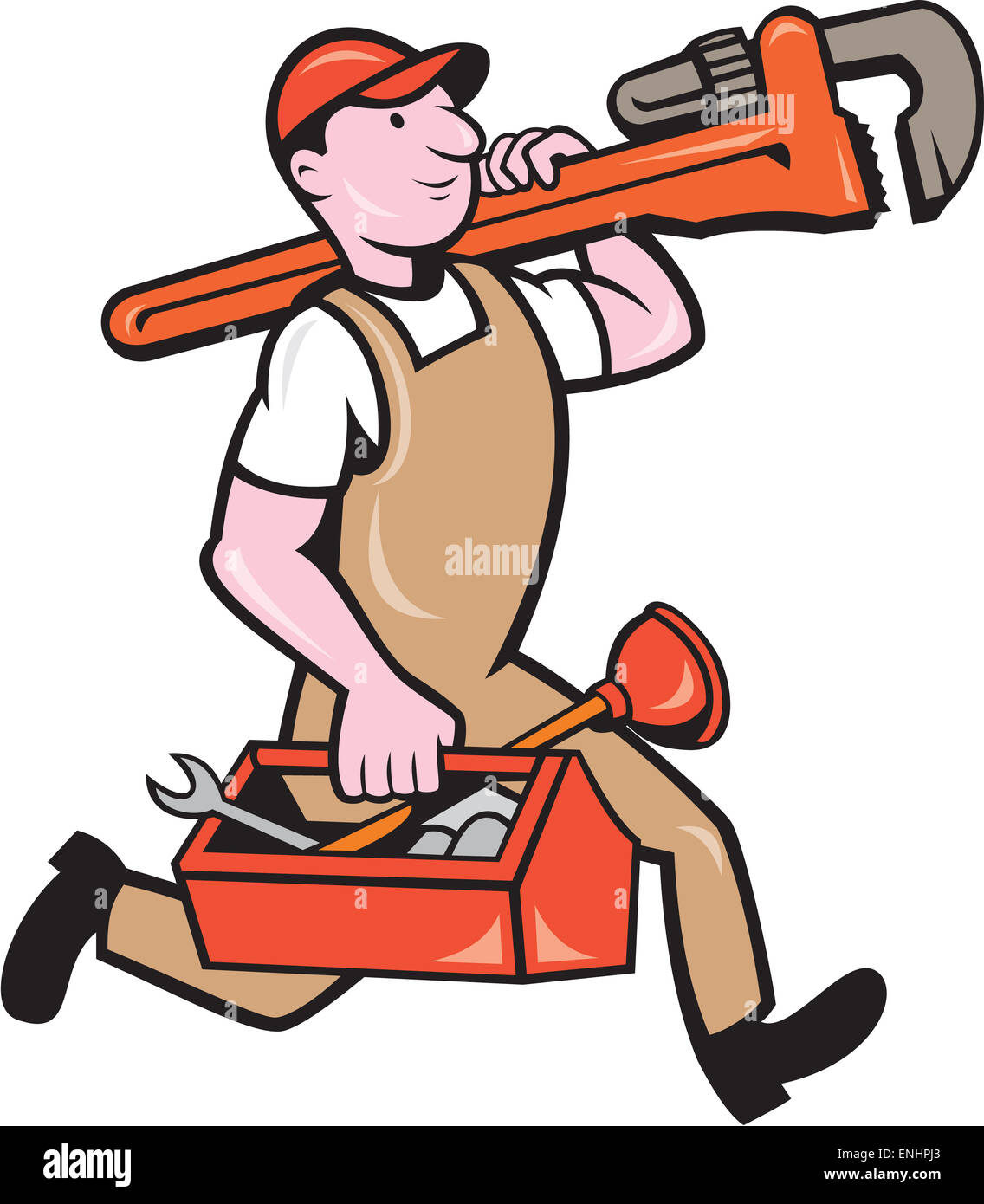 Illustration of a plumber in overalls and hat holding monkey wrench on ...