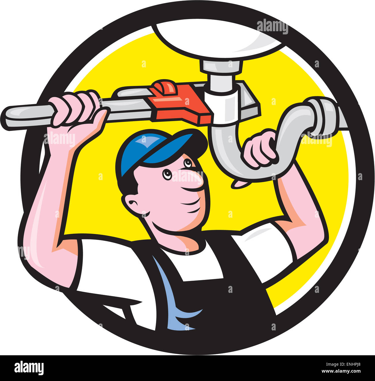 Illustration of a plumber pipe worker repairing pipe sink with wrench ...