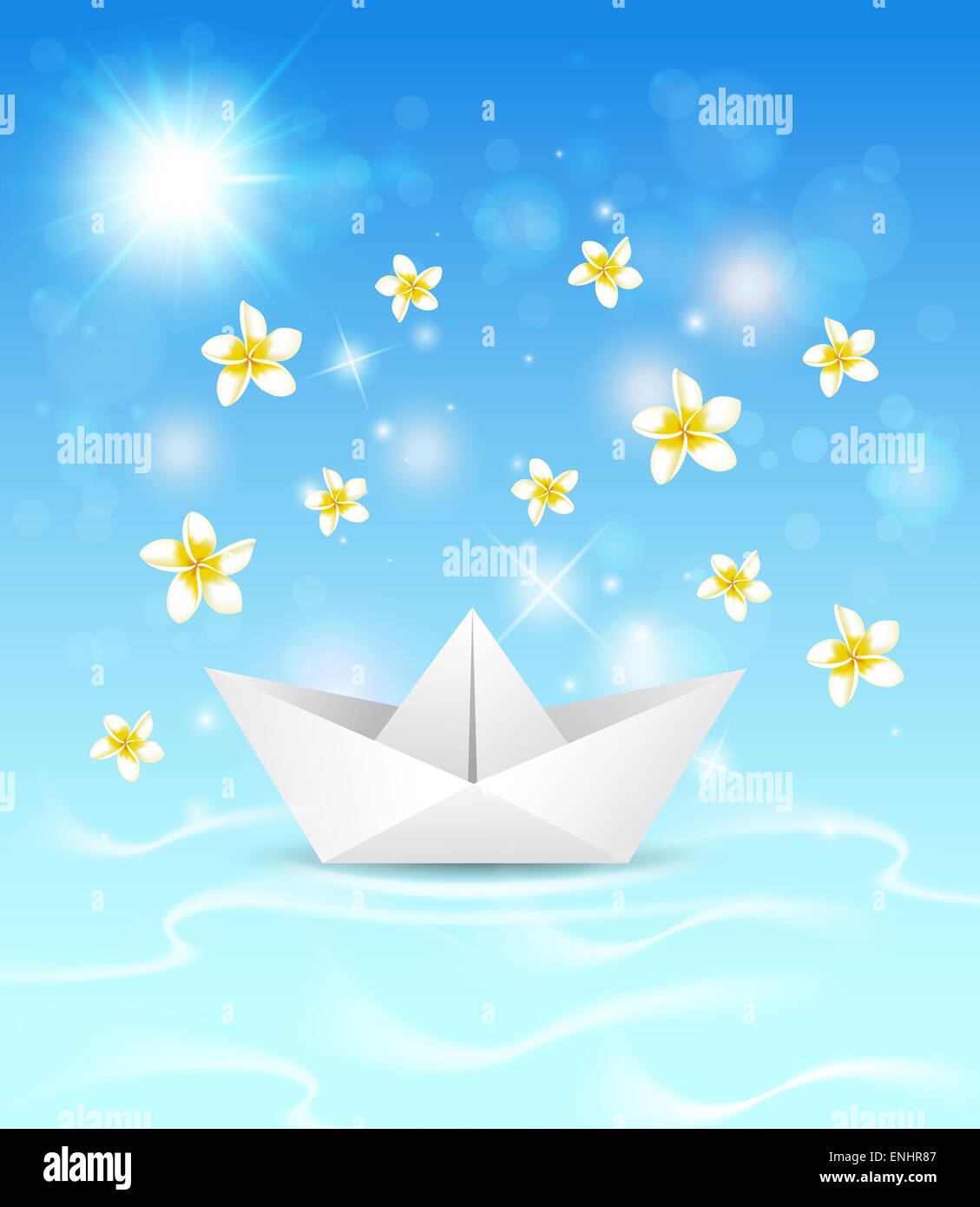 Summer blue marine background with paper boat and flowers Stock Photo ...