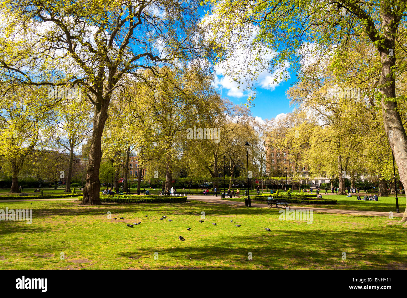 Russell Square Gardens and Hotel Russell behind trees in Russell Square ...