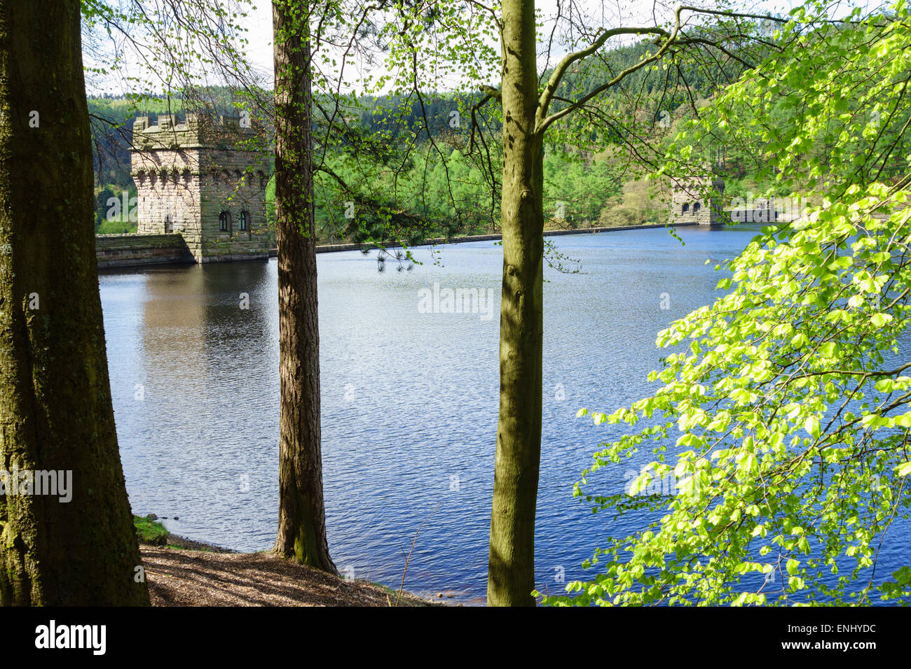 Looking across at Derwent Reservoir Dam in the Peak District Derbyshire ...
