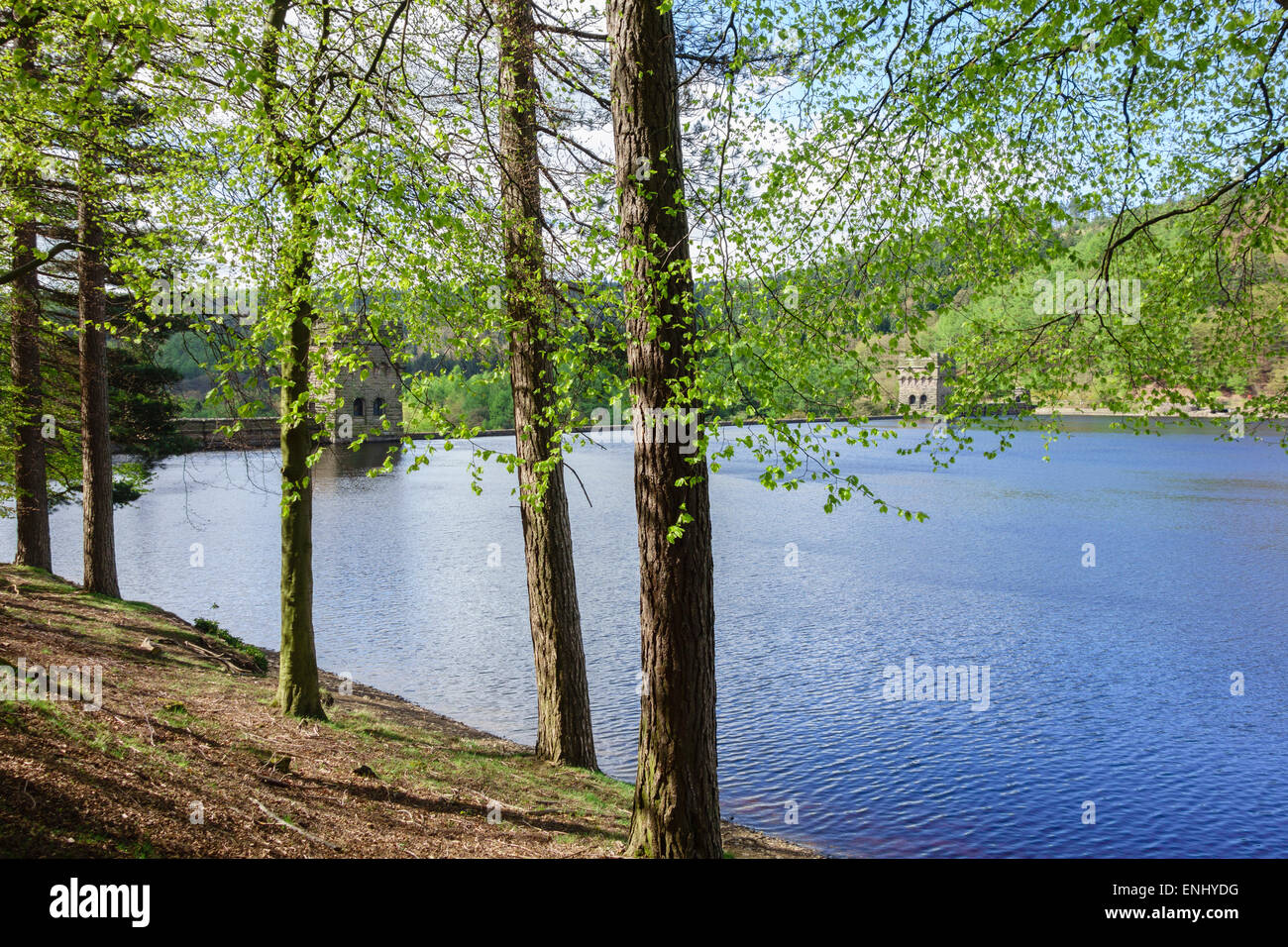 Looking across at Derwent Reservoir Dam in the Peak District Derbyshire ...