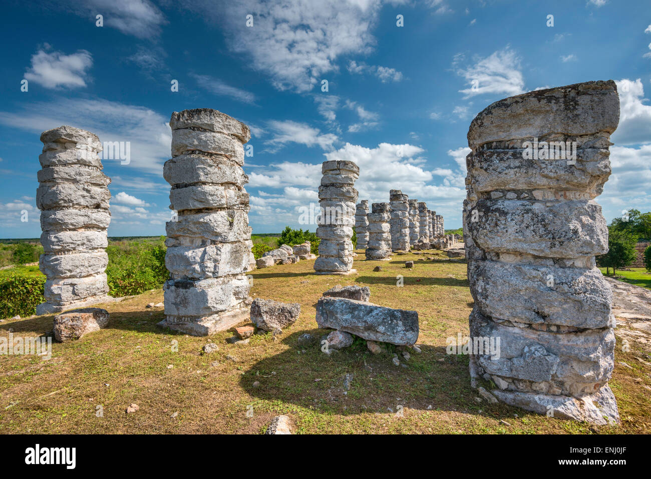 Stone columns at Edificio de las Pilastras, Maya ruins at Ake, Yucatan ...