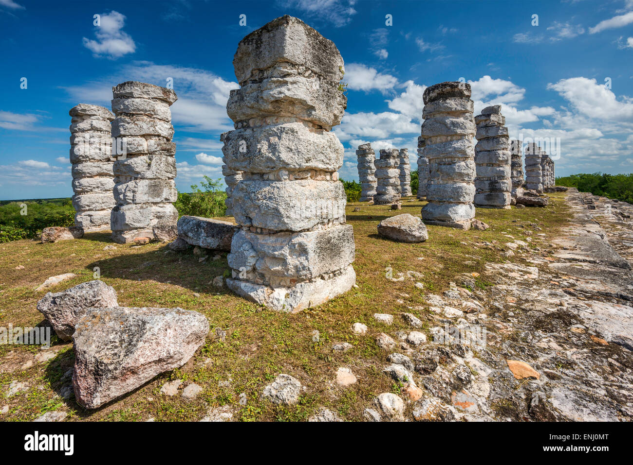 Stone columns at Edificio de las Pilastras, Maya ruins at Ake, Yucatan ...