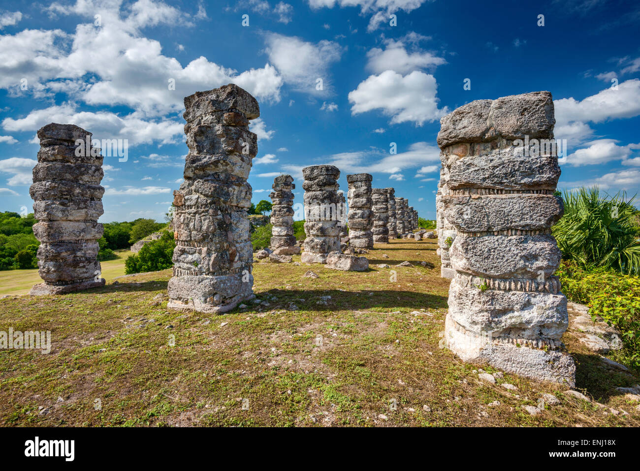 Stone columns at Edificio de las Pilastras, Maya ruins at Ake, Yucatan ...