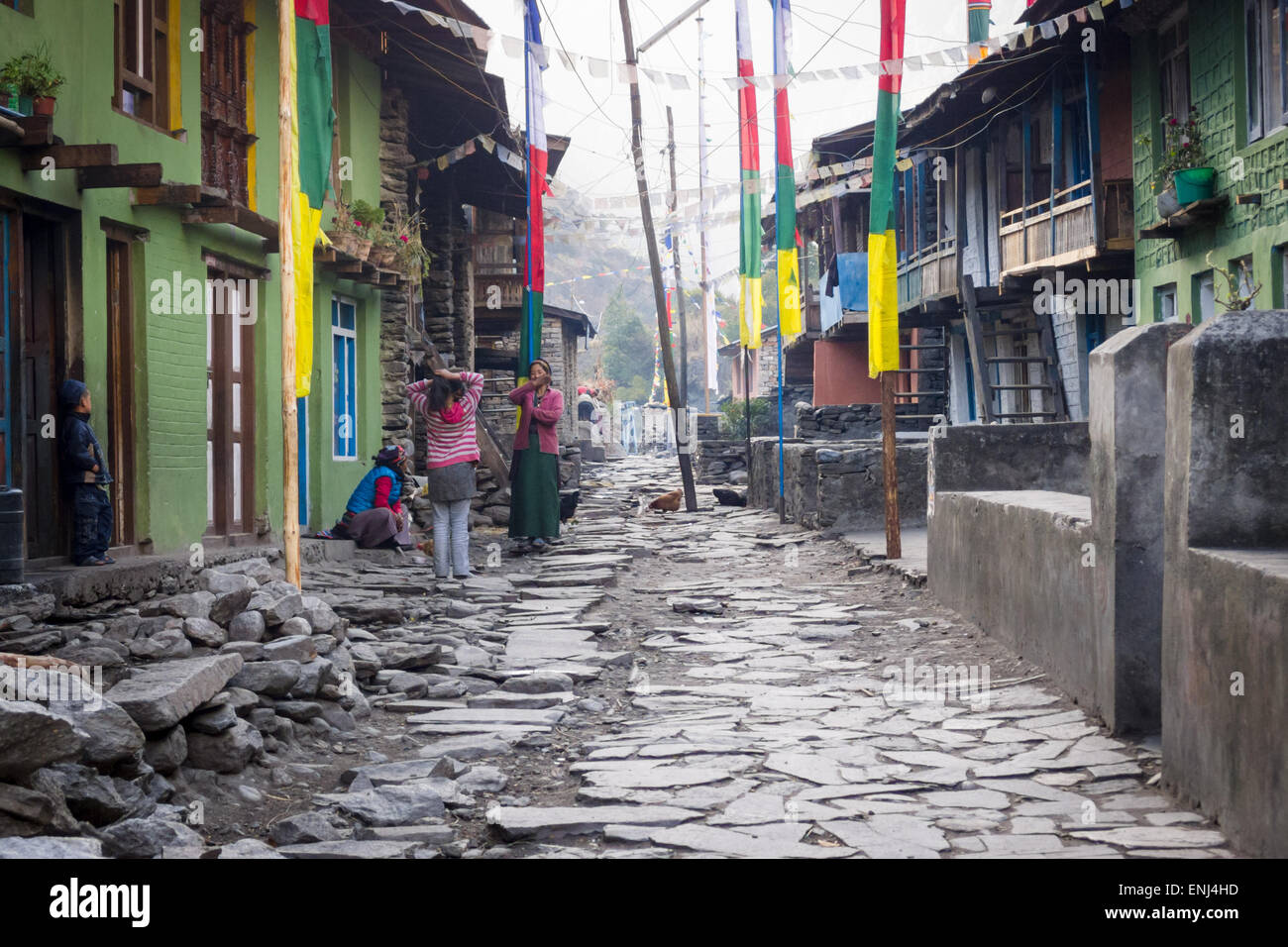 Traditional village at the entrance to the Langtang Valley, near Syabru ...