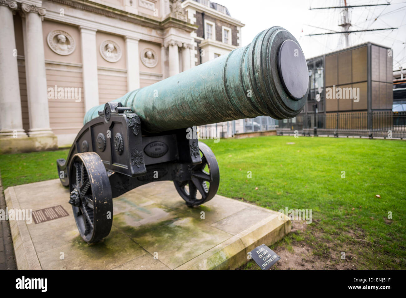 A captured Turkish cannon outside the Greenwich Visitor Centre reflects ...