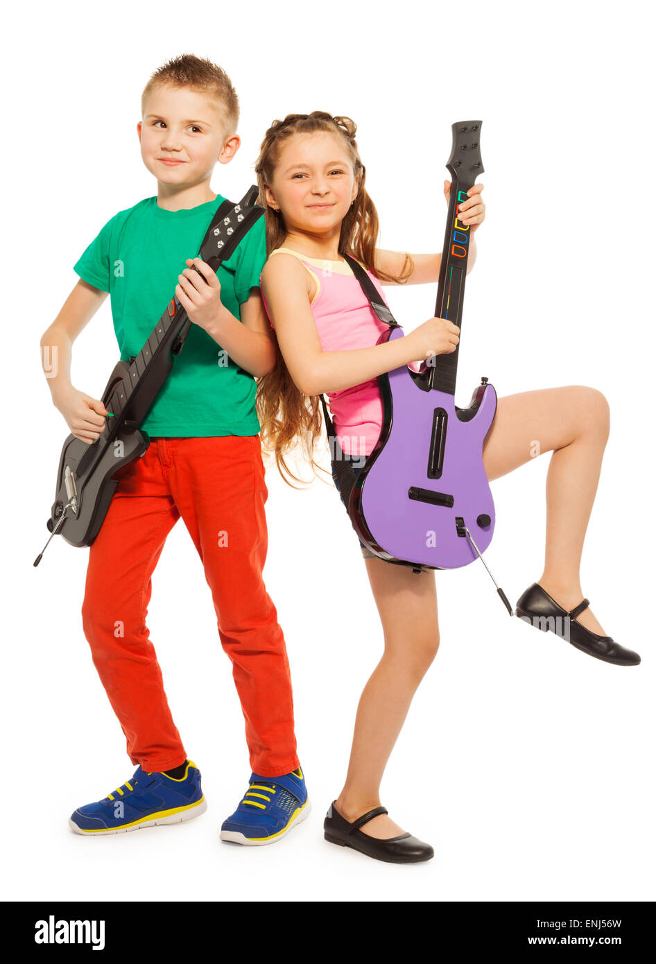 Girl and boy rock playing on electro guitars Stock Photo - Alamy
