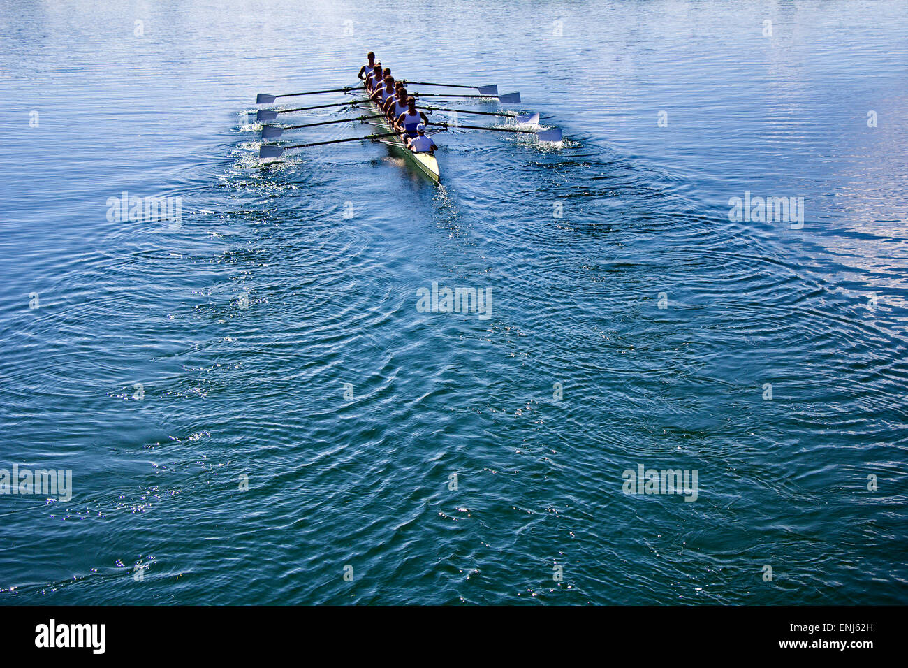 Boat coxed eight Rowers rowing on the tranquil blue lake Stock Photo ...