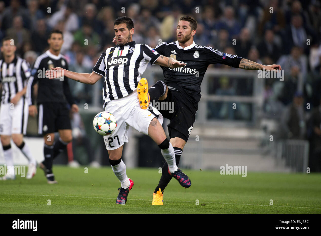 Turin, Italy. 5th May, 2015. Stefano Sturaro (Juventus), Sergio Ramos ...