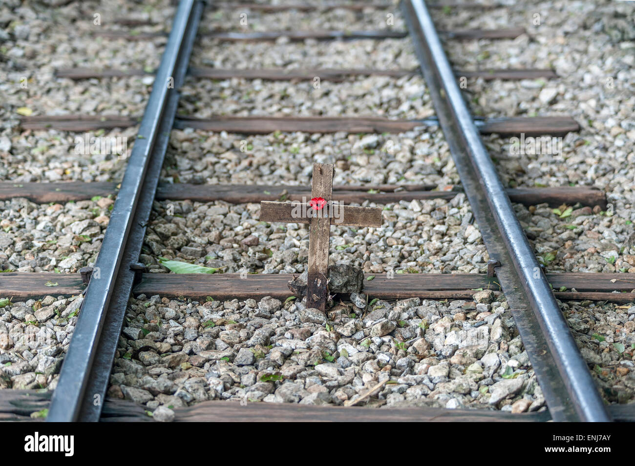 Remembrance cross and poppy at Hellfire Pass along the Burma Railway ...