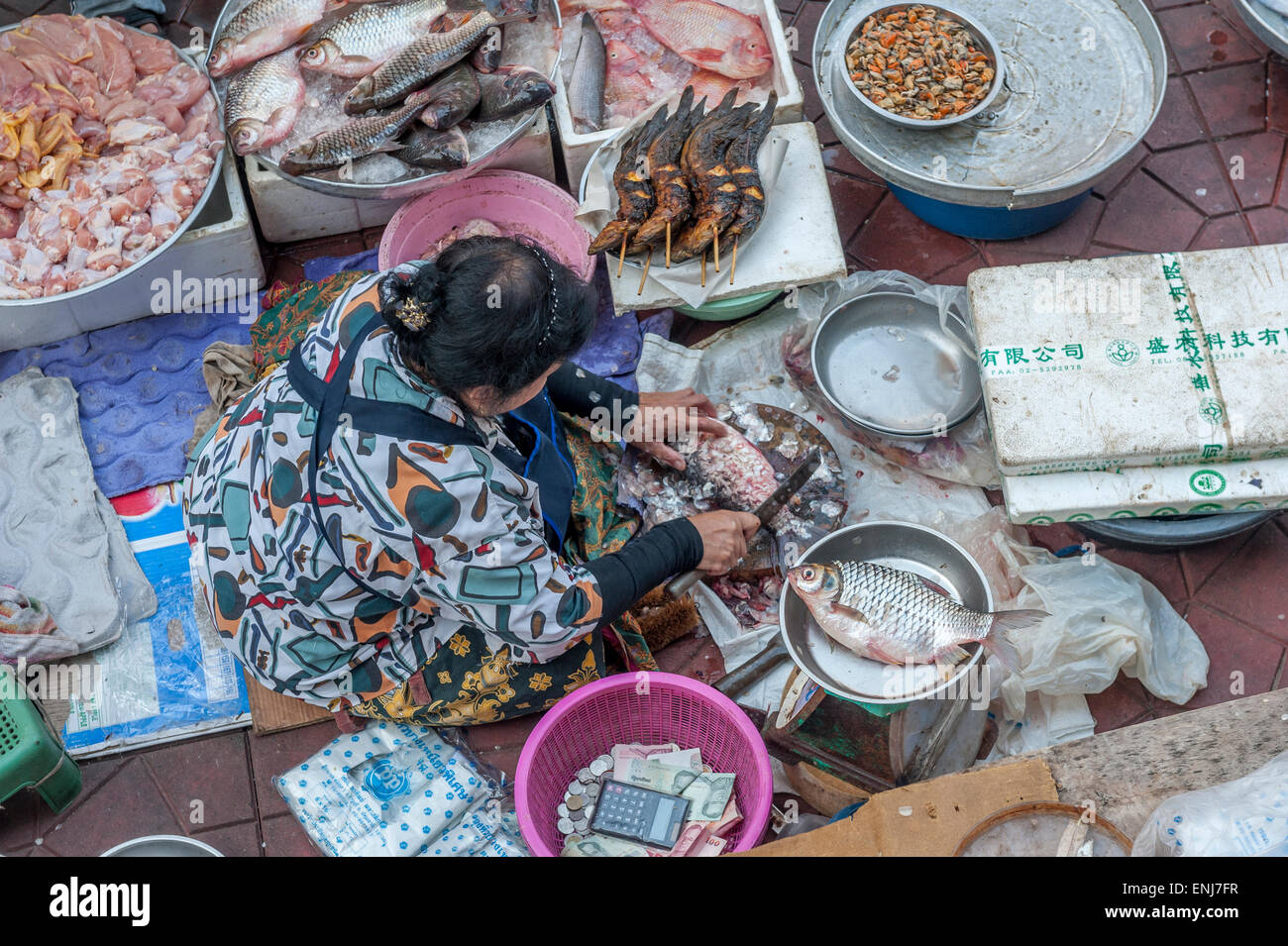 Street market vendor selling fresh fish near the Khao San Road. Bangkok ...
