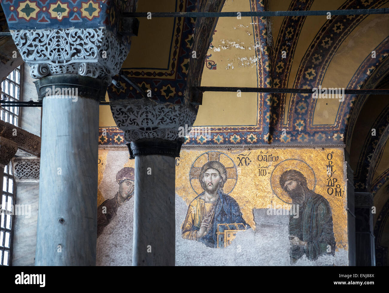 13th cen. Byzantine Deesis mosaic, showing Christ flanked by the Virgin Mary and John the ...