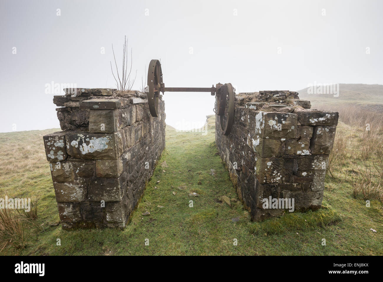 Ruins of winding gear at the disused quarry on Cracken edge, Derbyshire ...