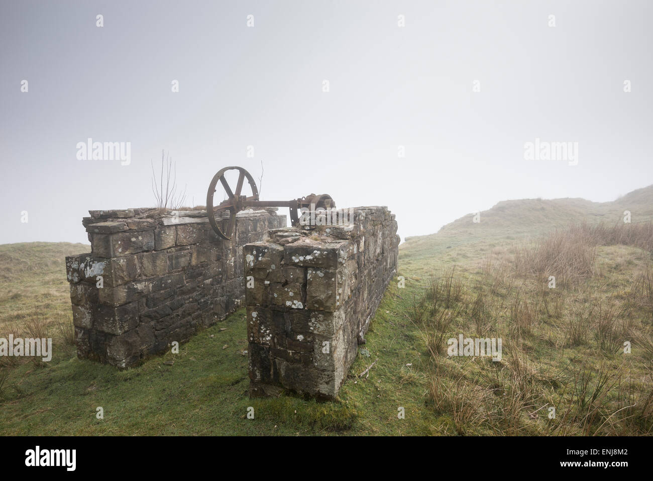 Ruins of winding gear at the disused quarry on Cracken edge, Derbyshire ...