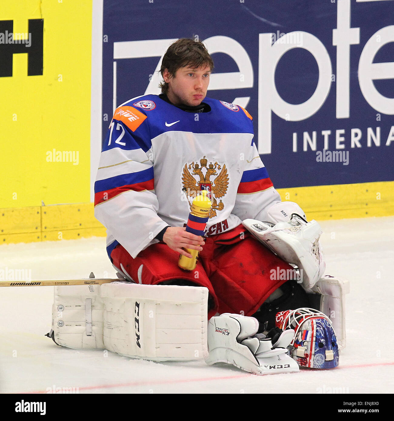 Russian goalkeeper Sergei Bobrovski has a rest during a break in the ...
