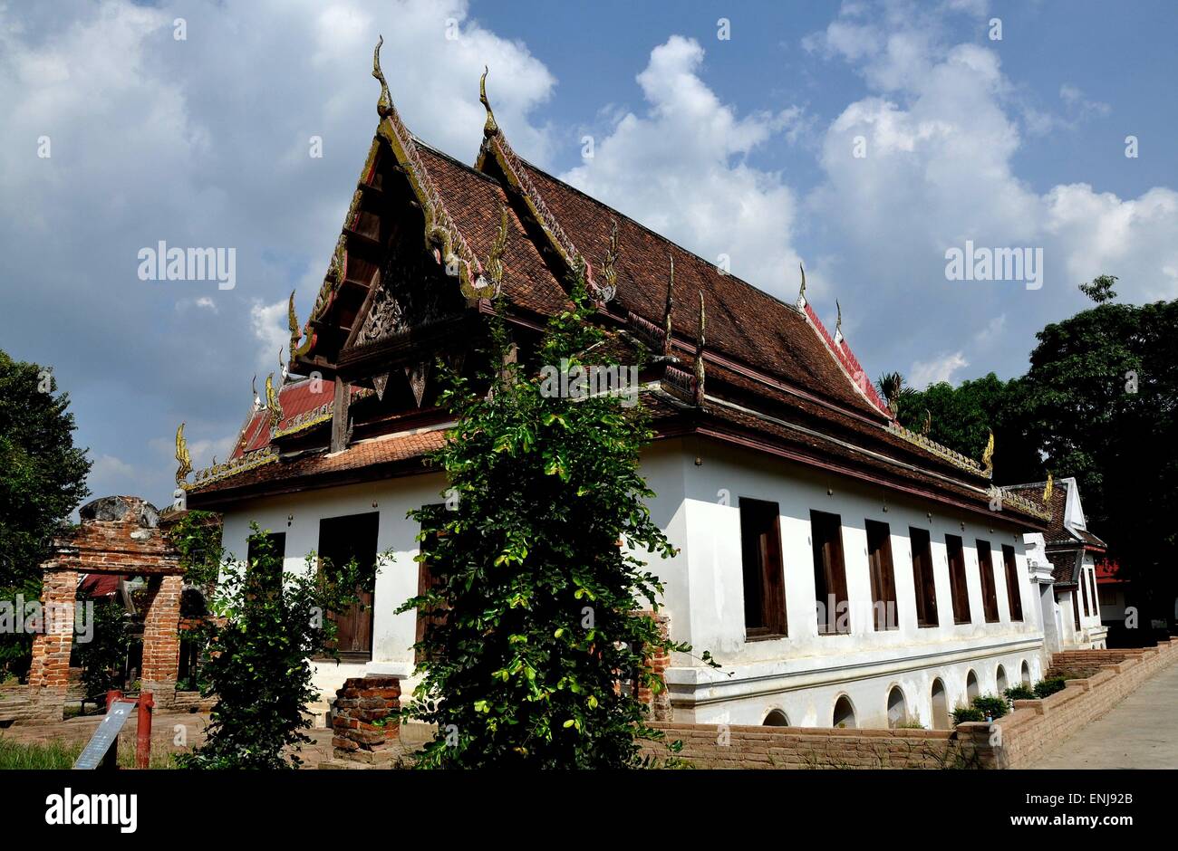 Ayutthaya, Thailand: White-walled Ubosot Sanctuary Hall with tiled roof ...