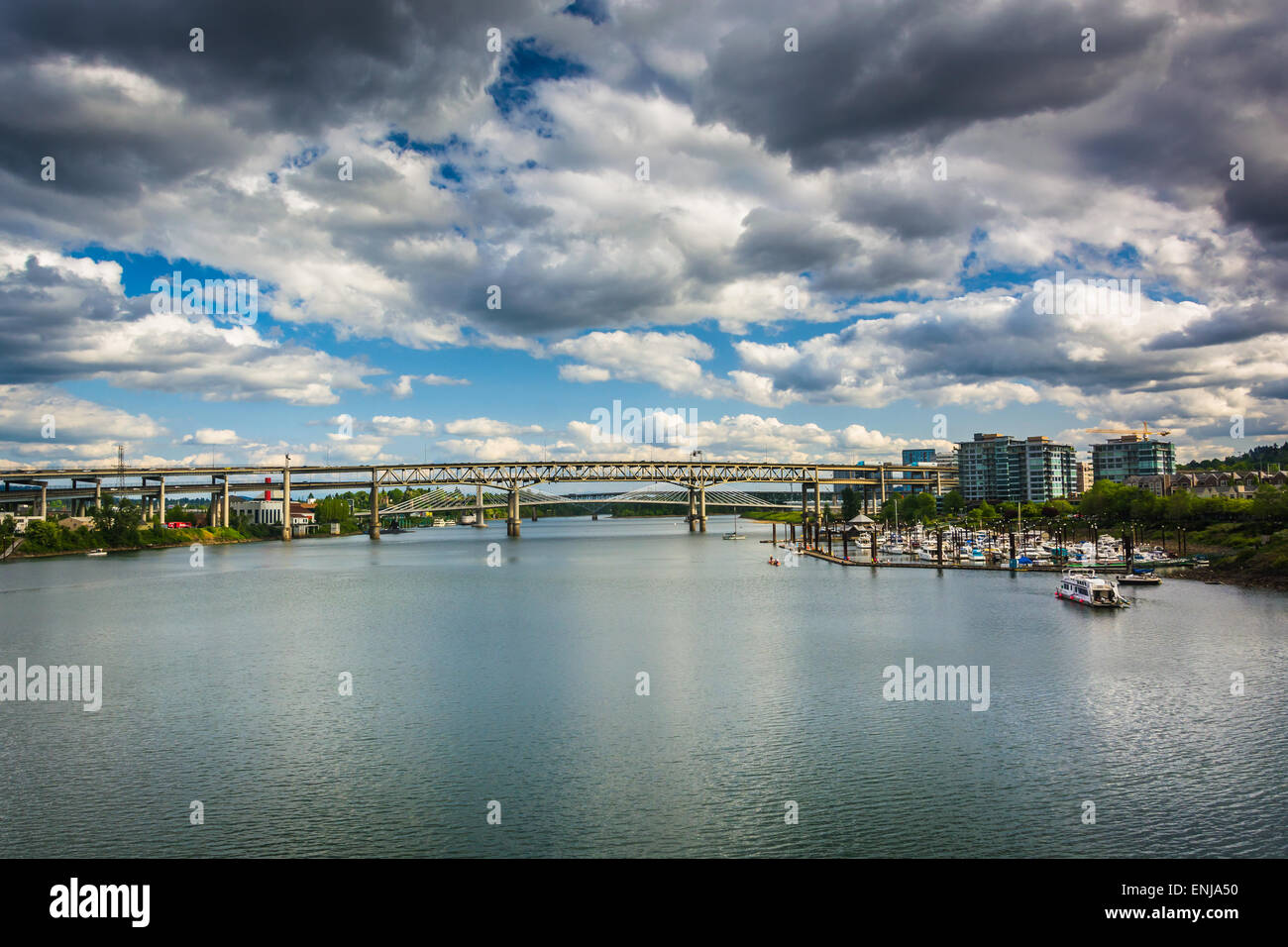 View of bridges over the Williamette River in Portland, Oregon Stock ...