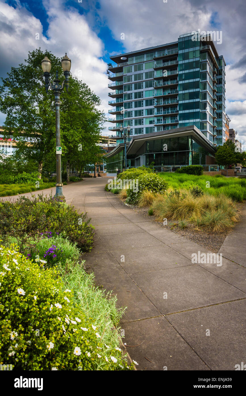 Walkway and building at the South Waterfront Park, in Portland, Oregon ...
