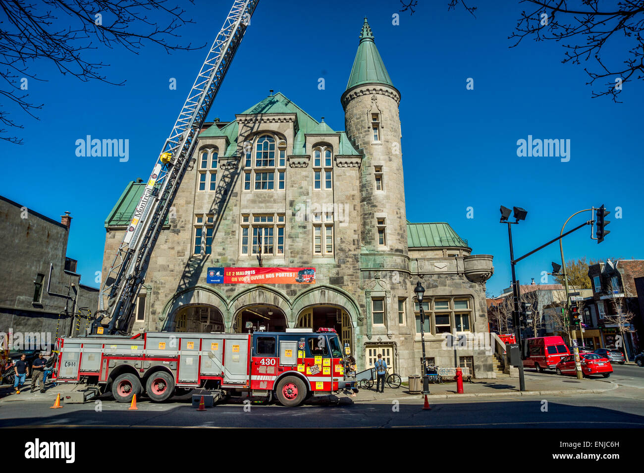 Fire truck in front of Plateau Mont-Royal Fire station in Montreal ...