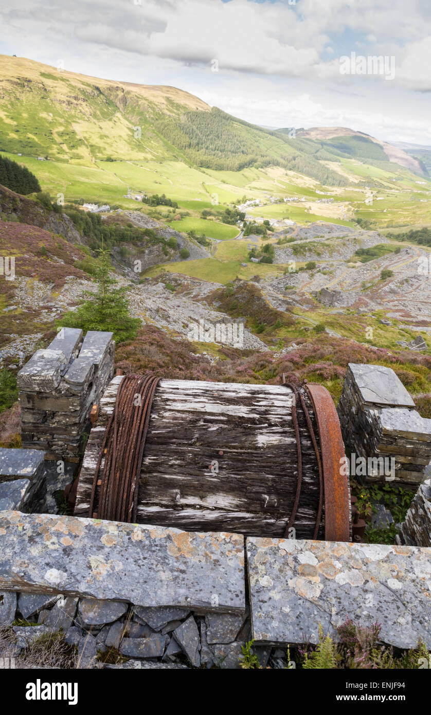 Looking down the welsh valley of Cwm Penmachno, derelict incline drum ...