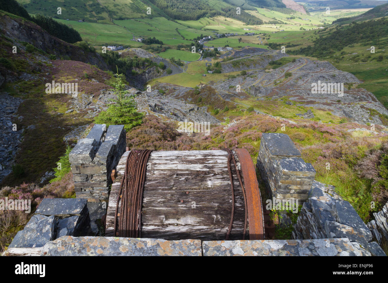 Looking down the welsh valley of Cwm Penmachno, derelict incline drum ...