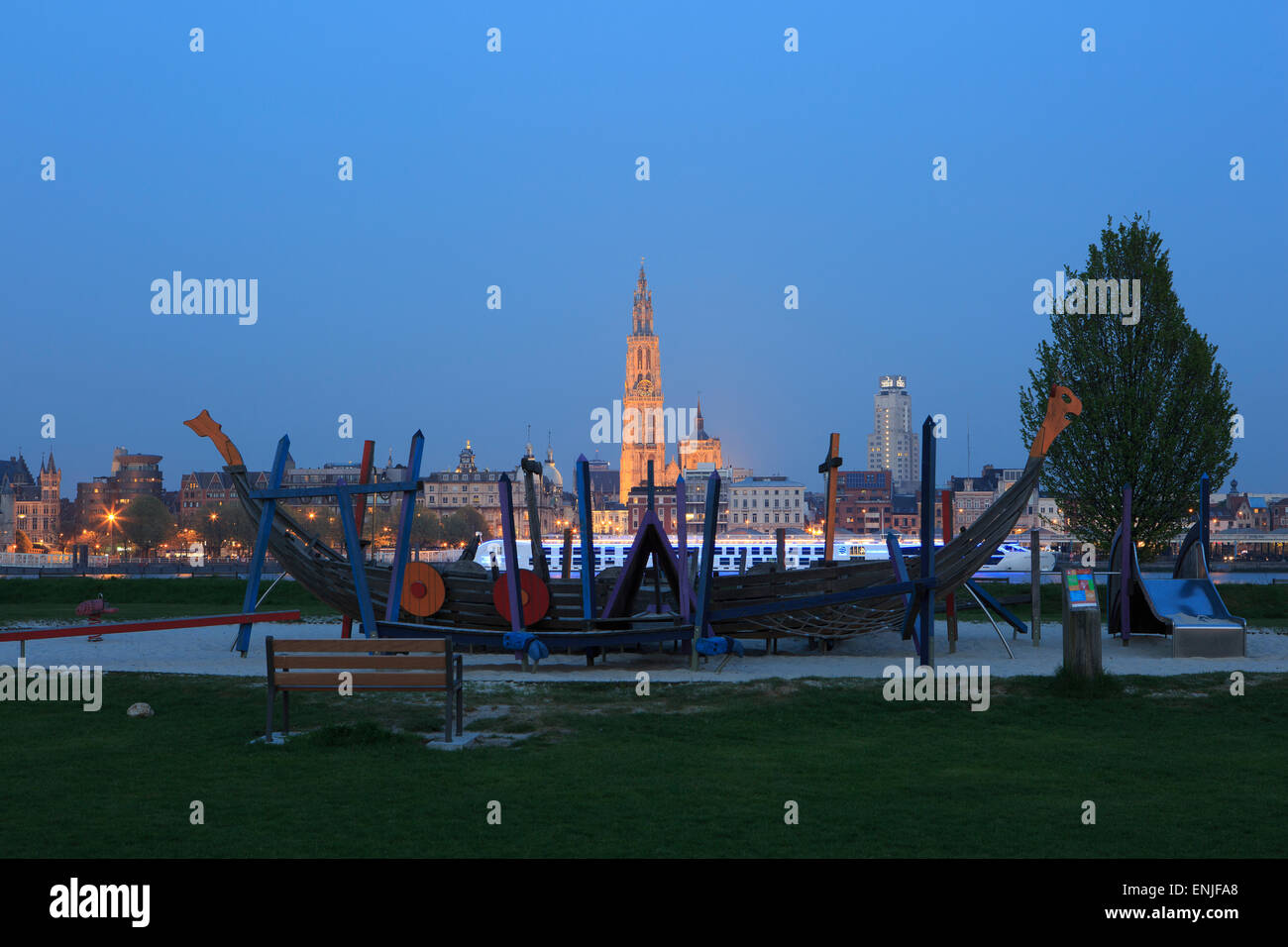 Panoramic view from across the river Scheldt of Antwerp, Belgium Stock ...
