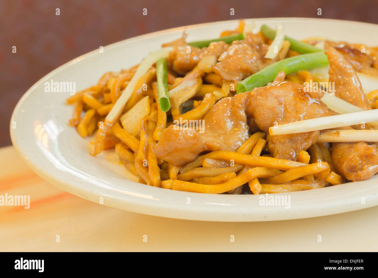 Authentic Chinese chicken lo mein noodles at a restaurant Stock Photo ...