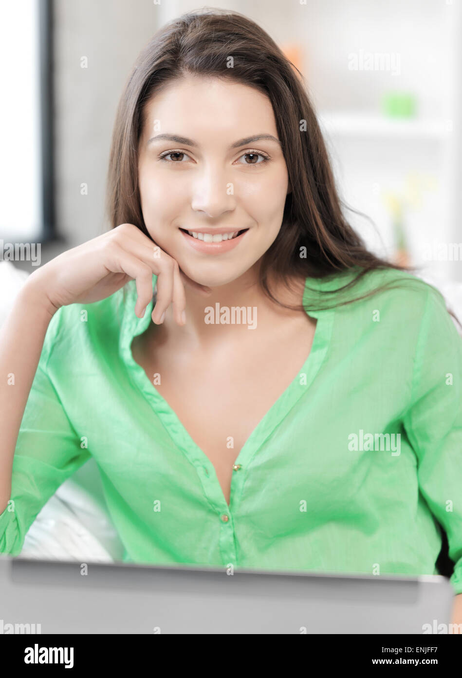 happy woman with laptop computer Stock Photo - Alamy