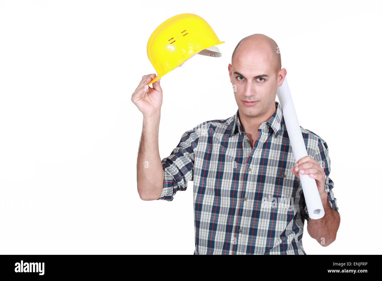 Construction worker with plans Stock Photo - Alamy