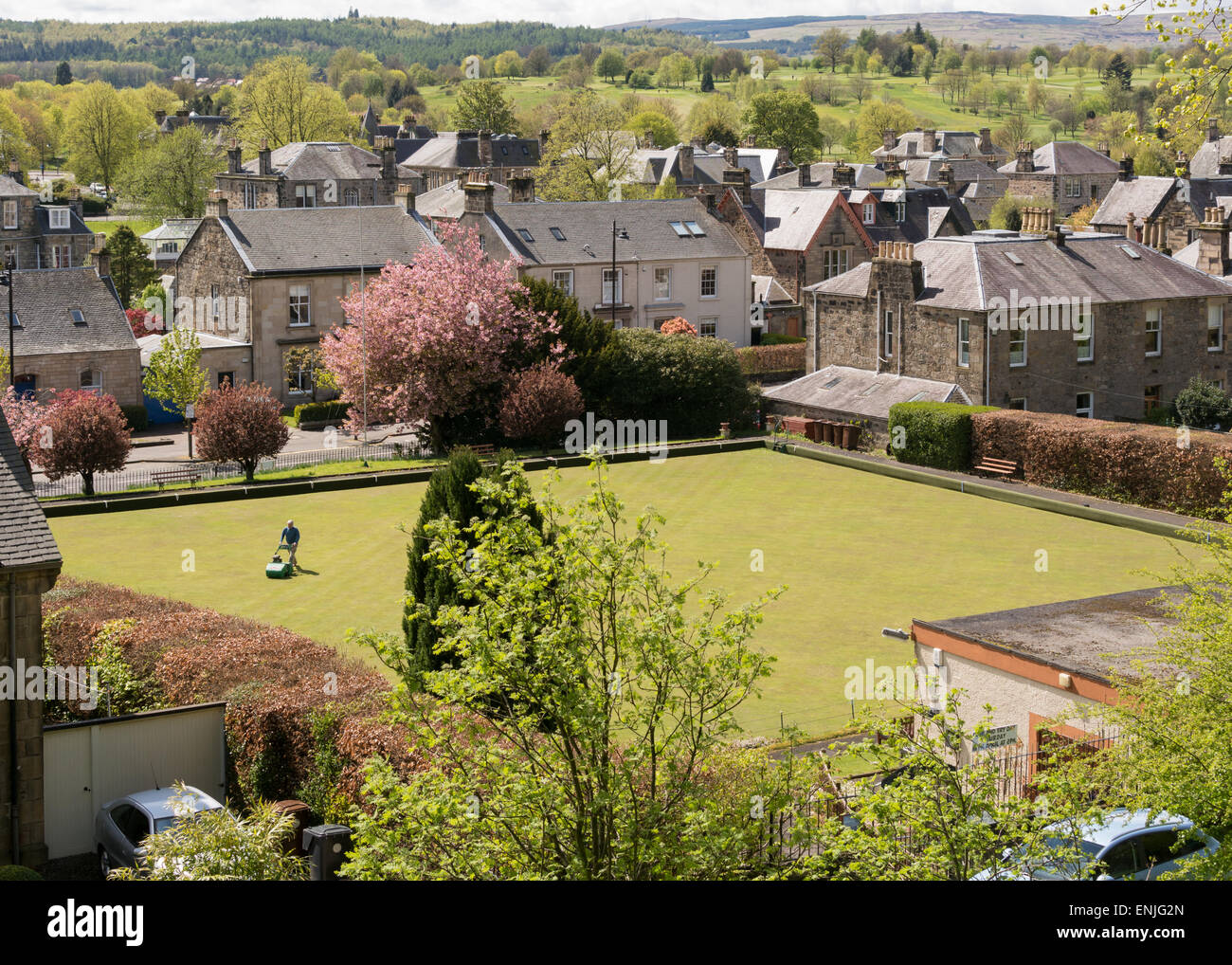 Spring in the city of Stirling - mowing the bowling green Stock Photo ...