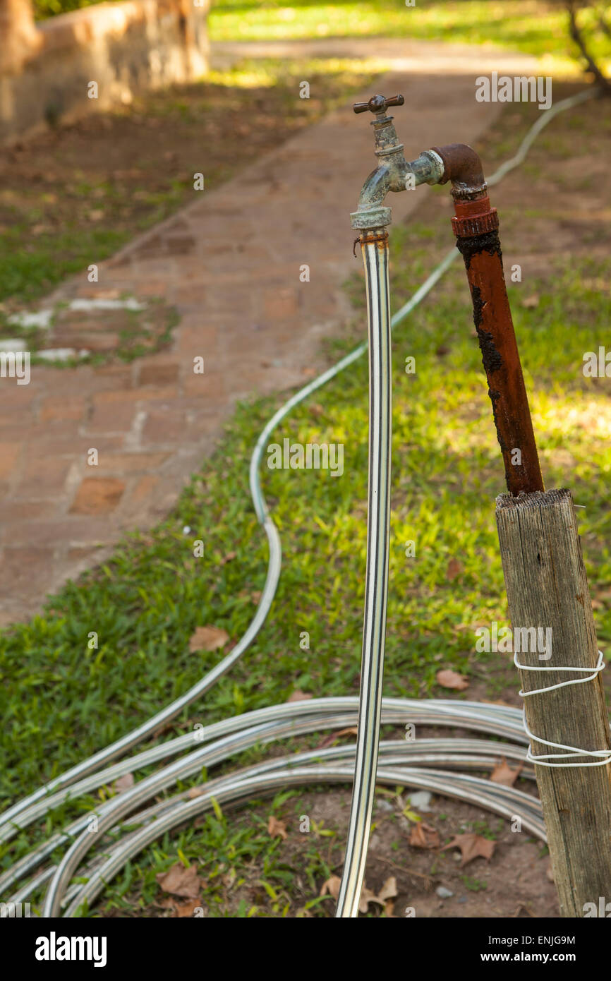 Old rusty water tap with hose in garden Stock Photo - Alamy