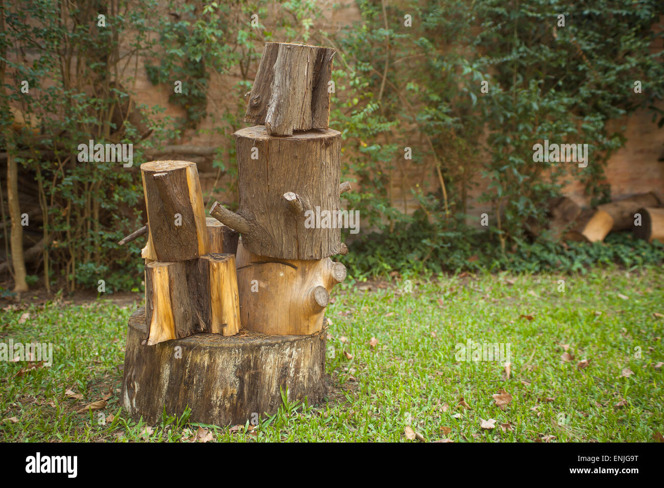 stump seats in the park, Garden furniture made from wooden log Stock ...