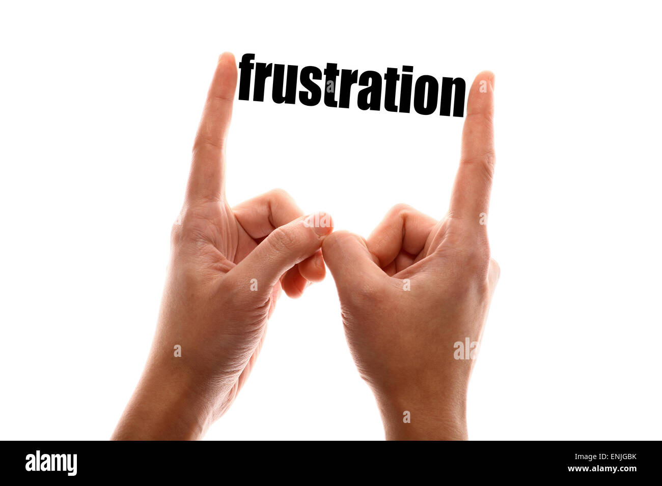 Color horizontal shot of a of two hands squeezing the word "frustration ...