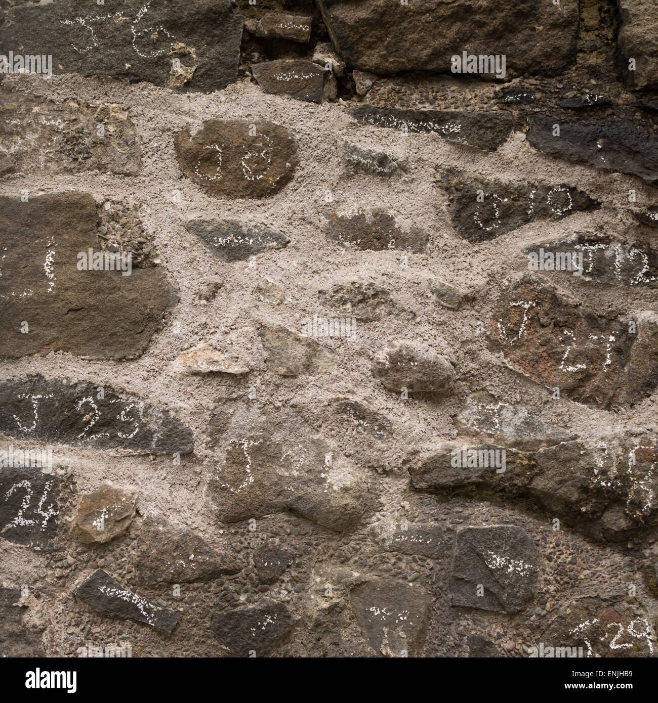Wall restoration work at Stirling Castle, Scotland, showing numbered ...