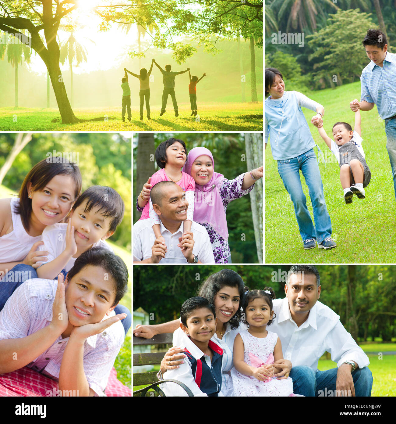 Collage photo of mixed race family having fun at outdoor park. All ...