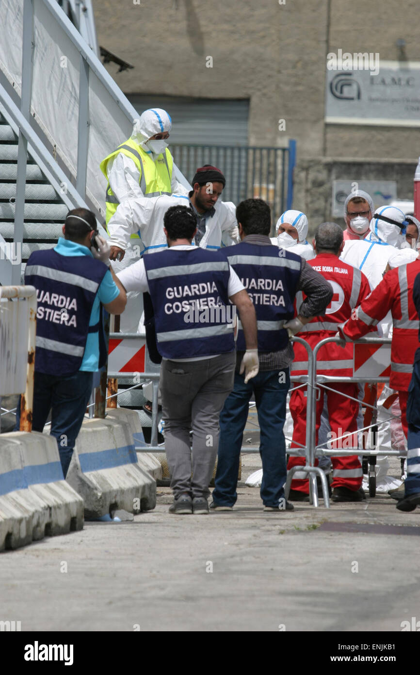 Naples, Italy. 06th May, 2015. Immigrants arrive at the port of Naples ...