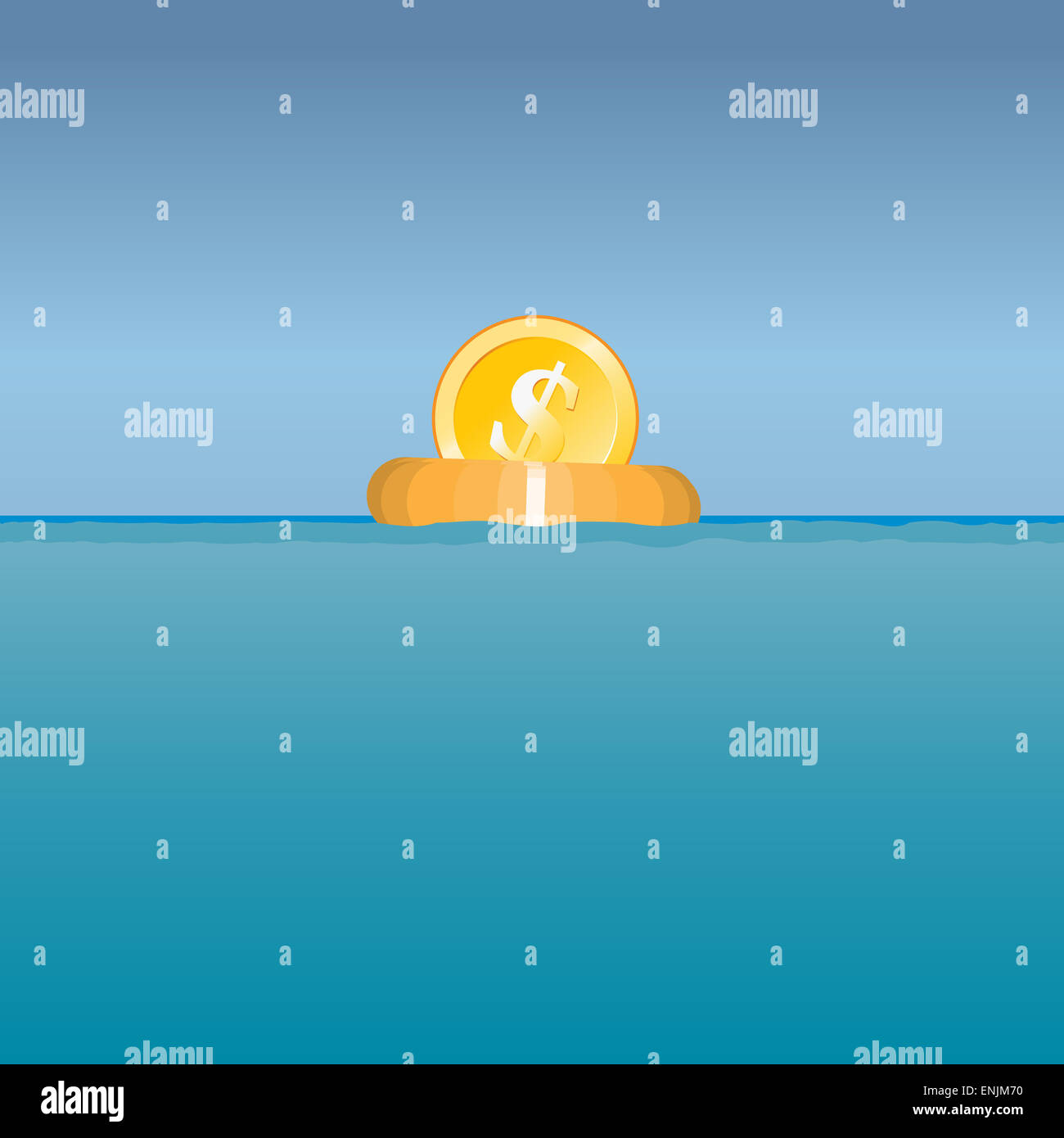 Vector illustration of a gold dollar coin floating on the ocean by a ...