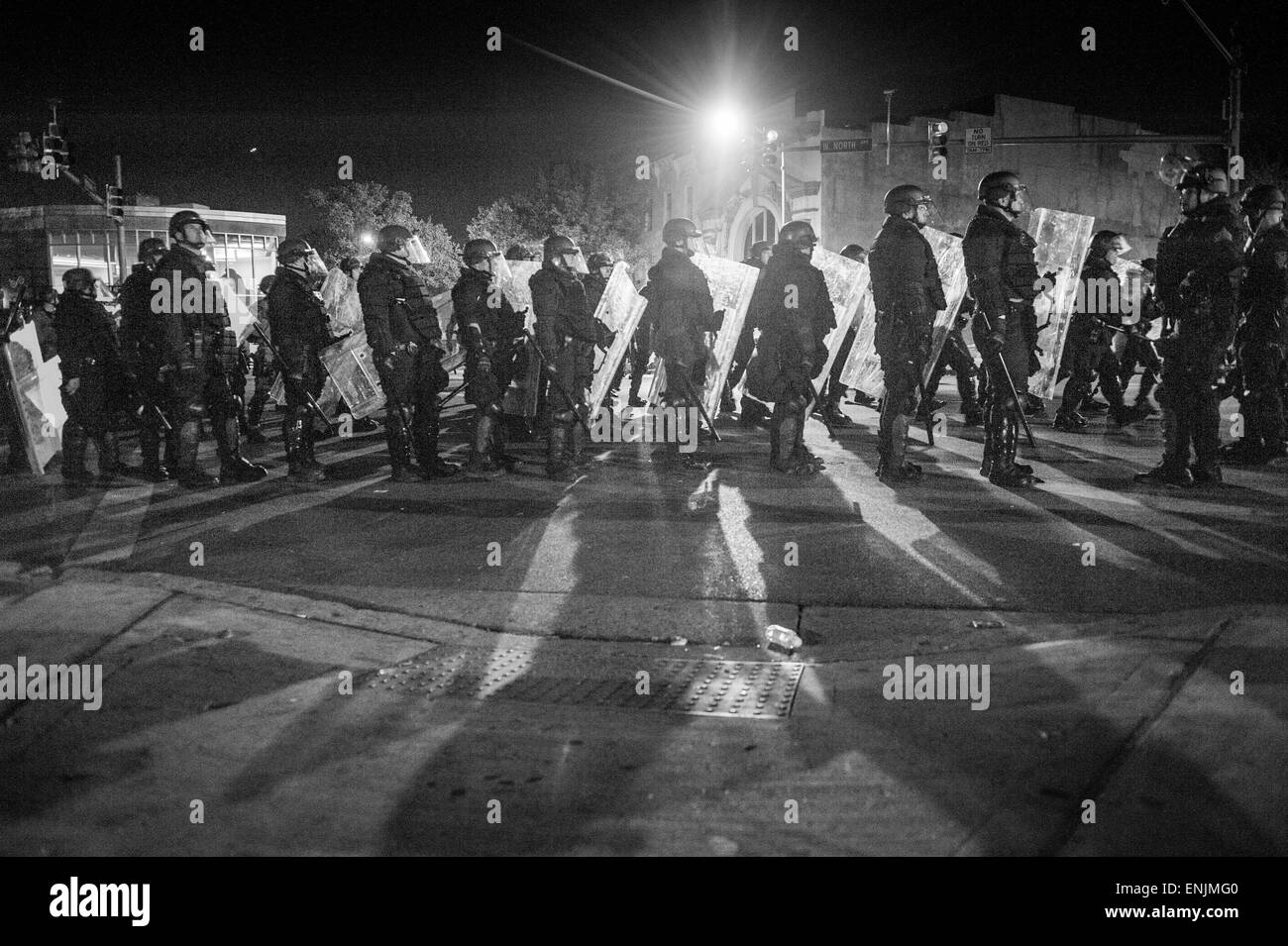 BALTIMORE, MARYLAND - Riot police controlling crowds at Penn and North ...