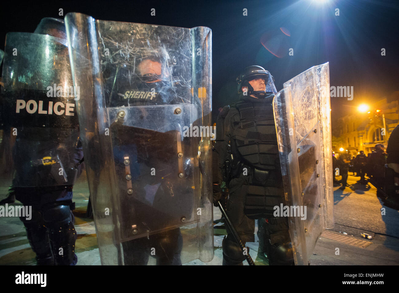 BALTIMORE, MARYLAND - Riot police controlling crowds at Penn and North ...